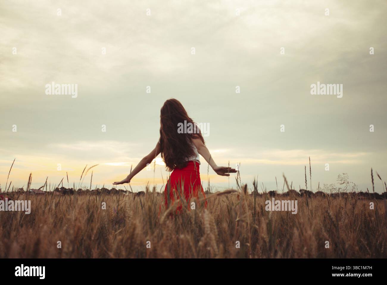 Girl is raising her arms and enjoys with nature. Fleshy wheat ears on ...