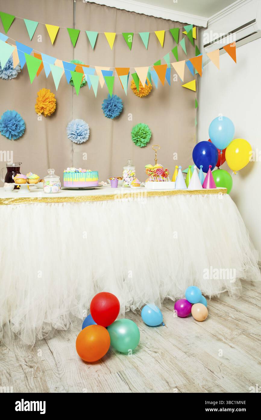 Decorated table in the room for Happy Birthday Party without people ...