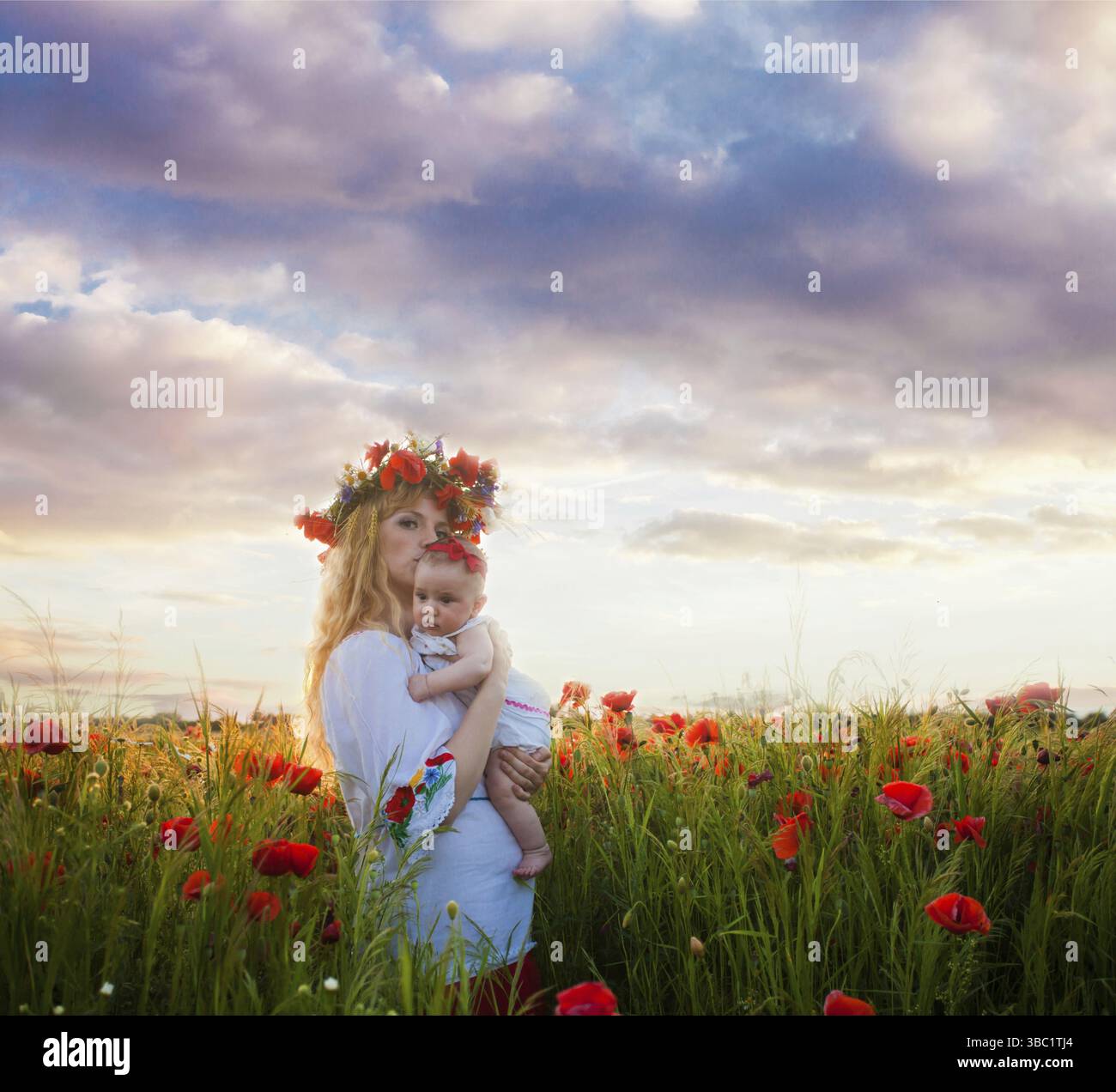 Happy motherhood in the poppy field on a sunset. Inspired nature ...
