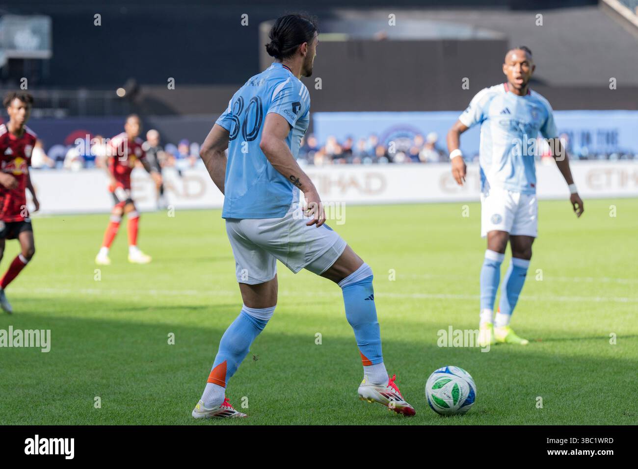 New York, USA. 17th May, 2025. Justin Haak (80) of NYCFC controls ball ...