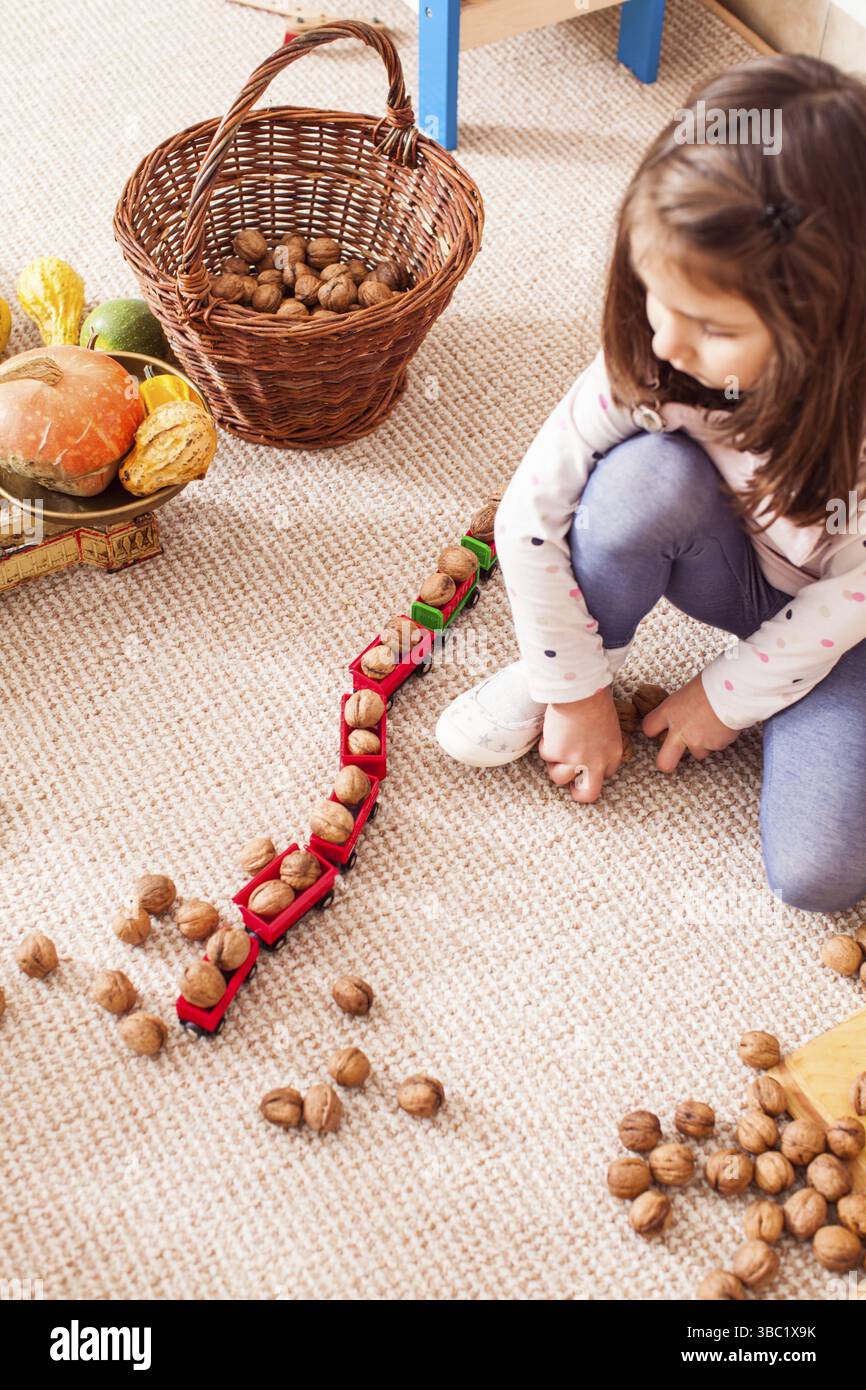 Children aggregate nuts in a toy train and learn to count sitting on ...