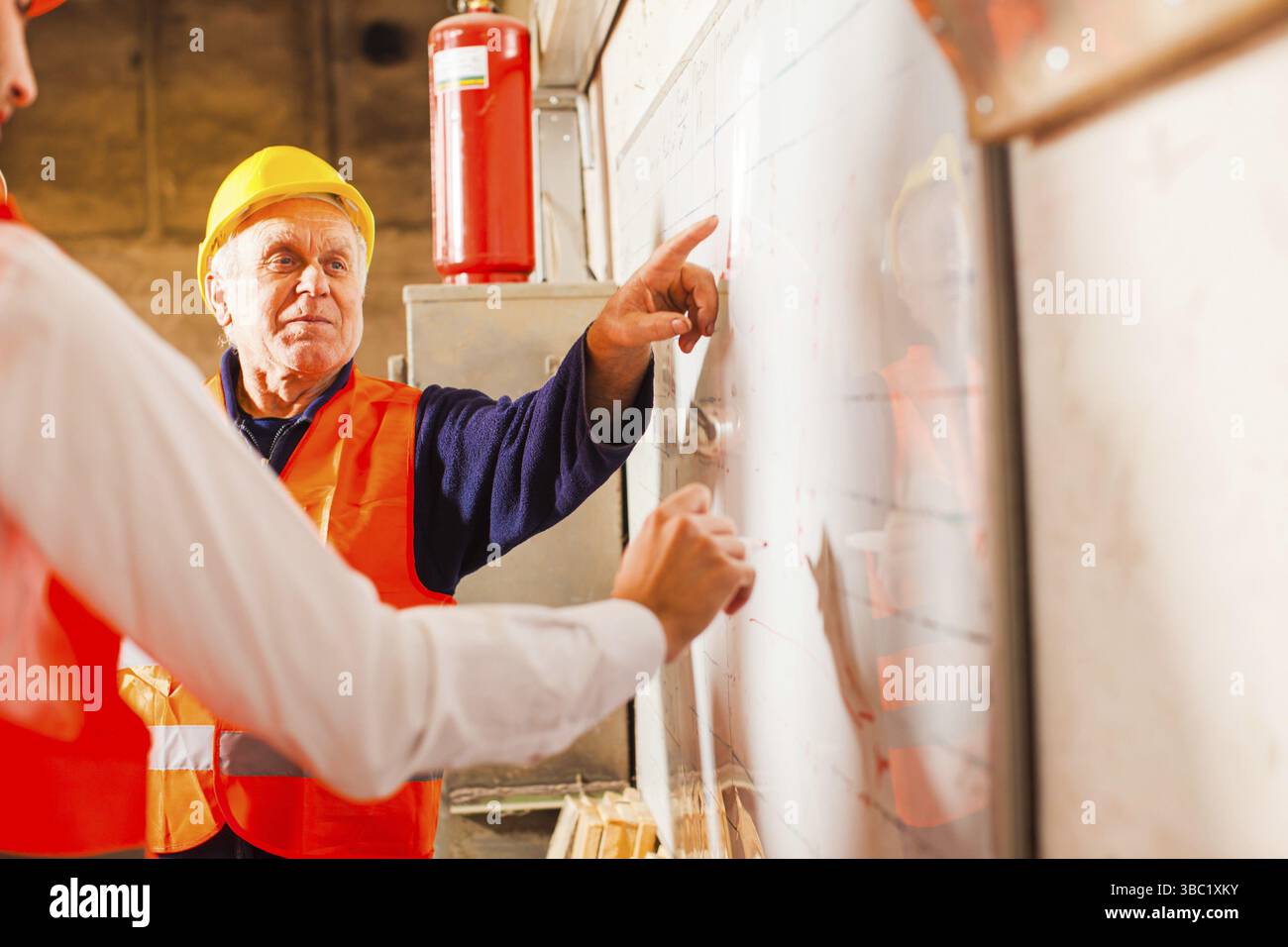 The group of workers stands next by the flip chat and plans work Stock ...