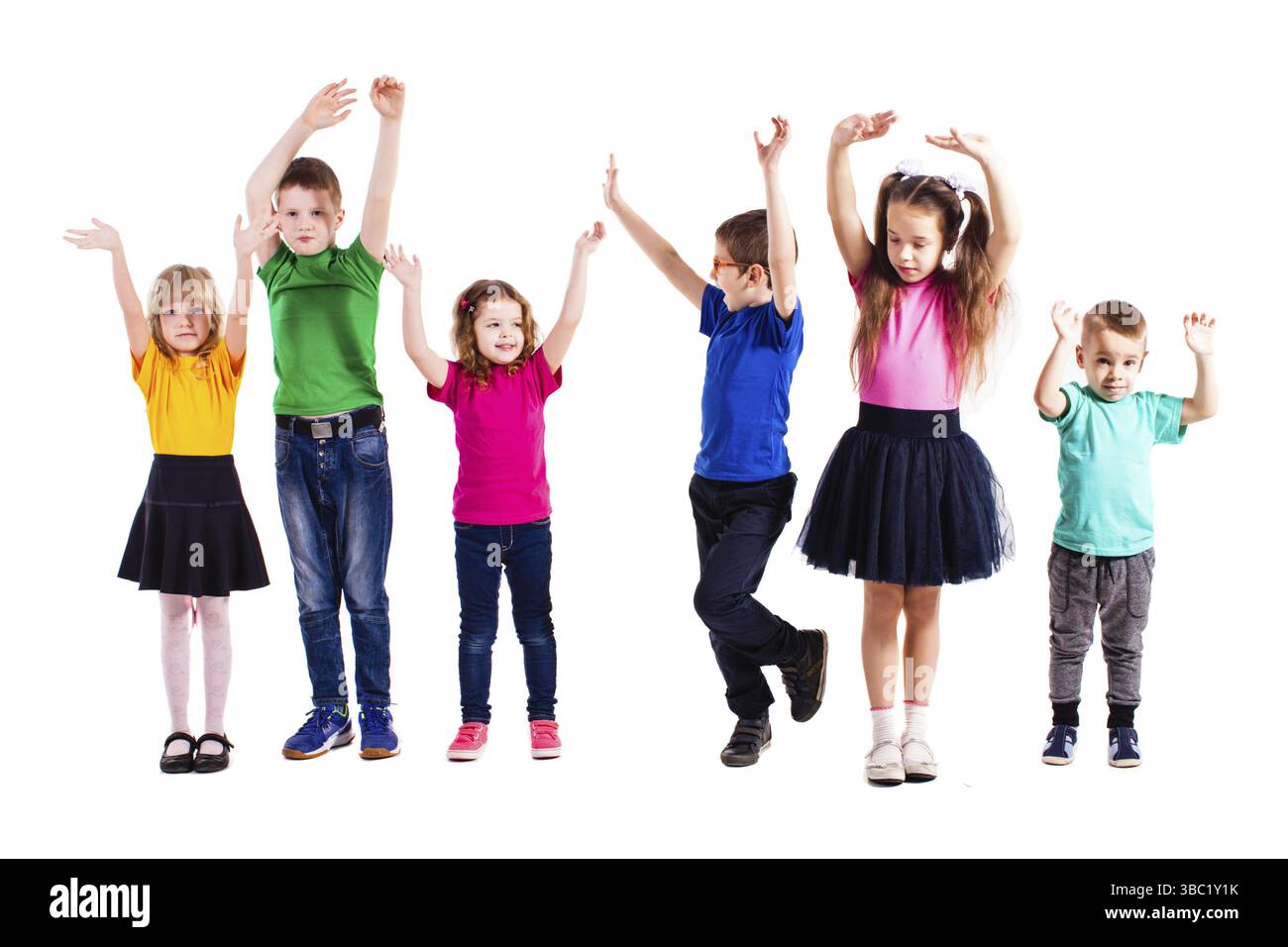 Colorfull kids holding hands up isolated on white Stock Photo - Alamy