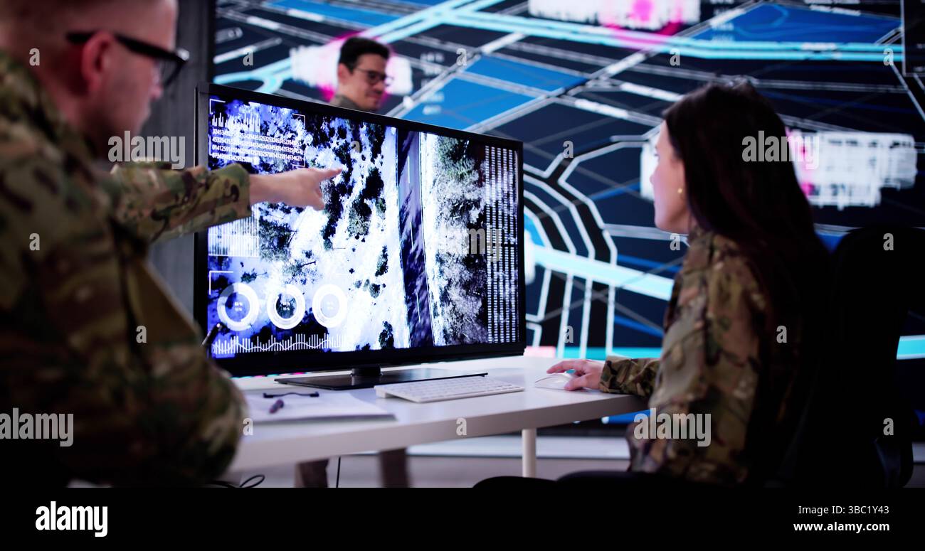 Military Cybersecurity Officer Analyzing Satellite Data At Technology ...