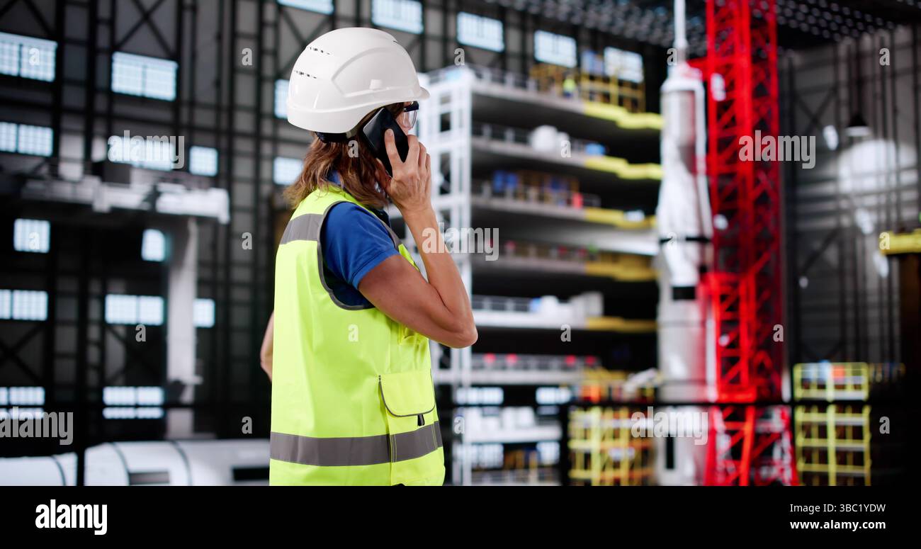 Female Engineer Making Important Phone Call Inside Manufacturing Plant ...