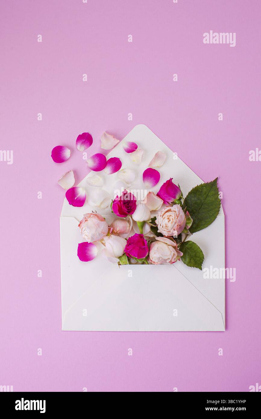 Greeting card with open envelope and pink tea rose flowers. Rose petals ...