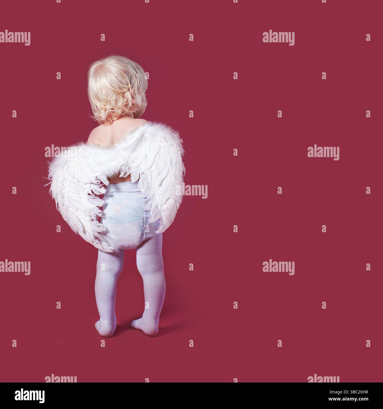 Toddler wearing angel white feather wings and stand back, copy space ...