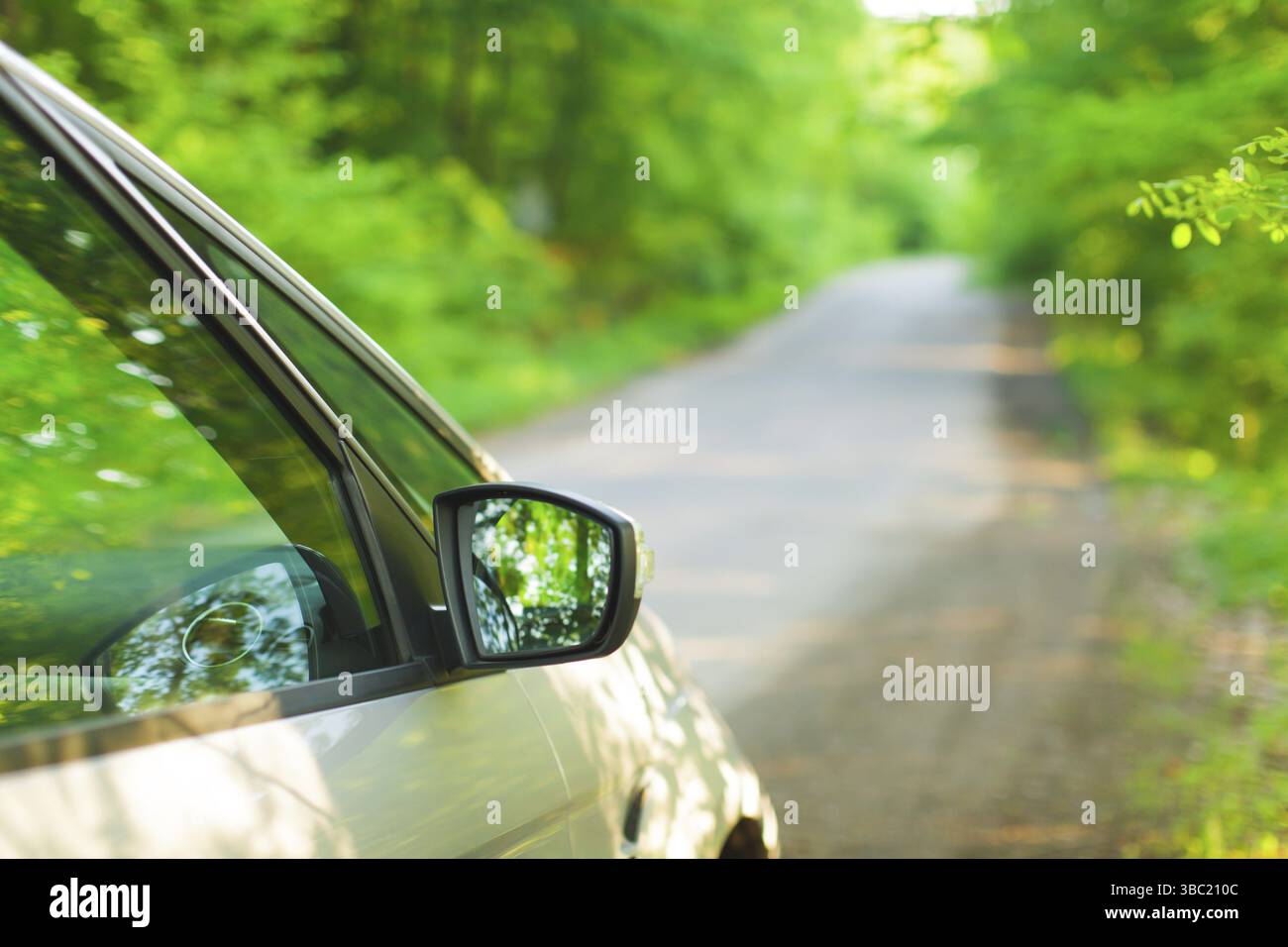 Silver car standing on the roadside of the road in the woods. Side view ...