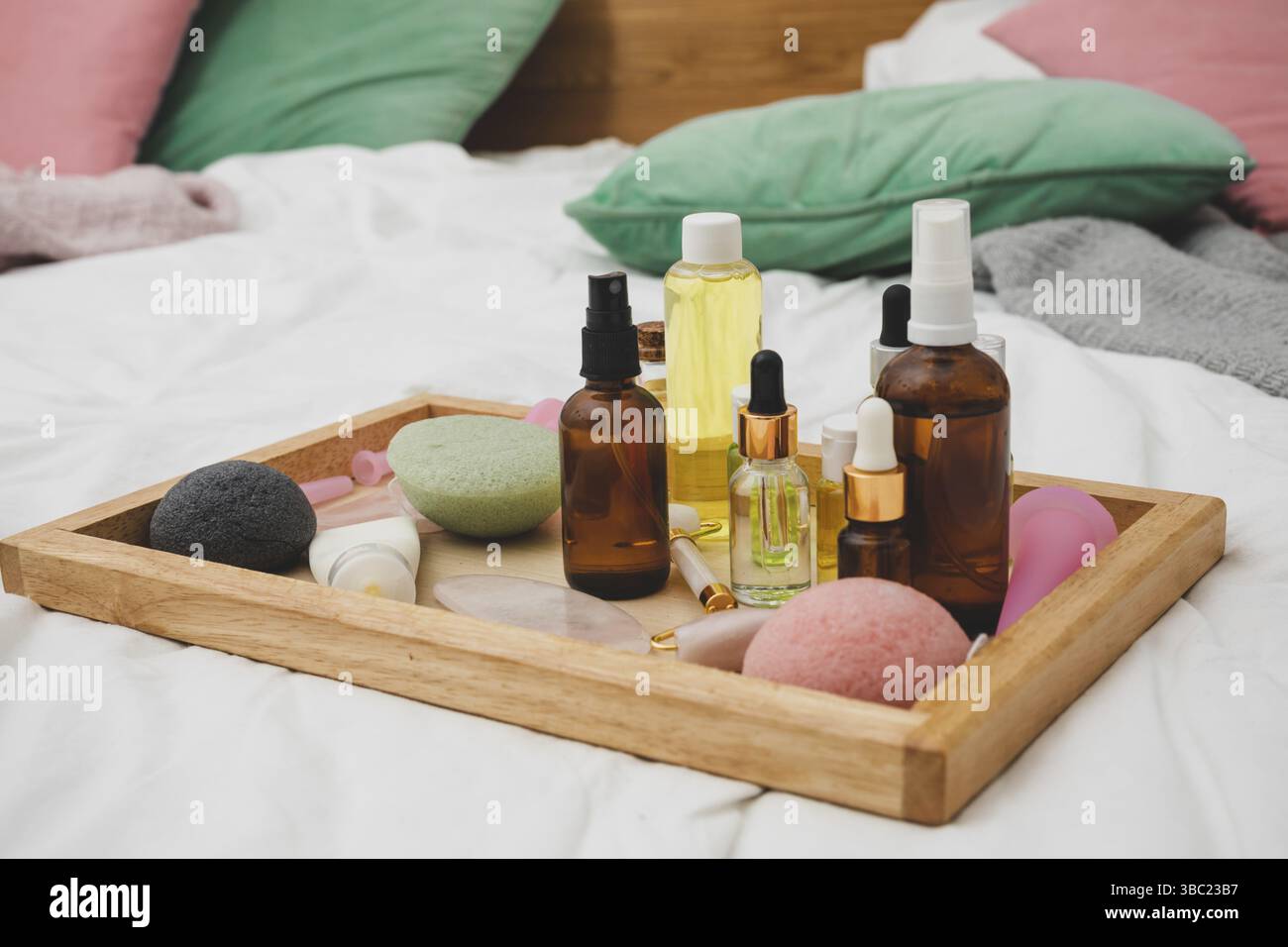 The set of natural skincare products on a wooden stand. The different ...