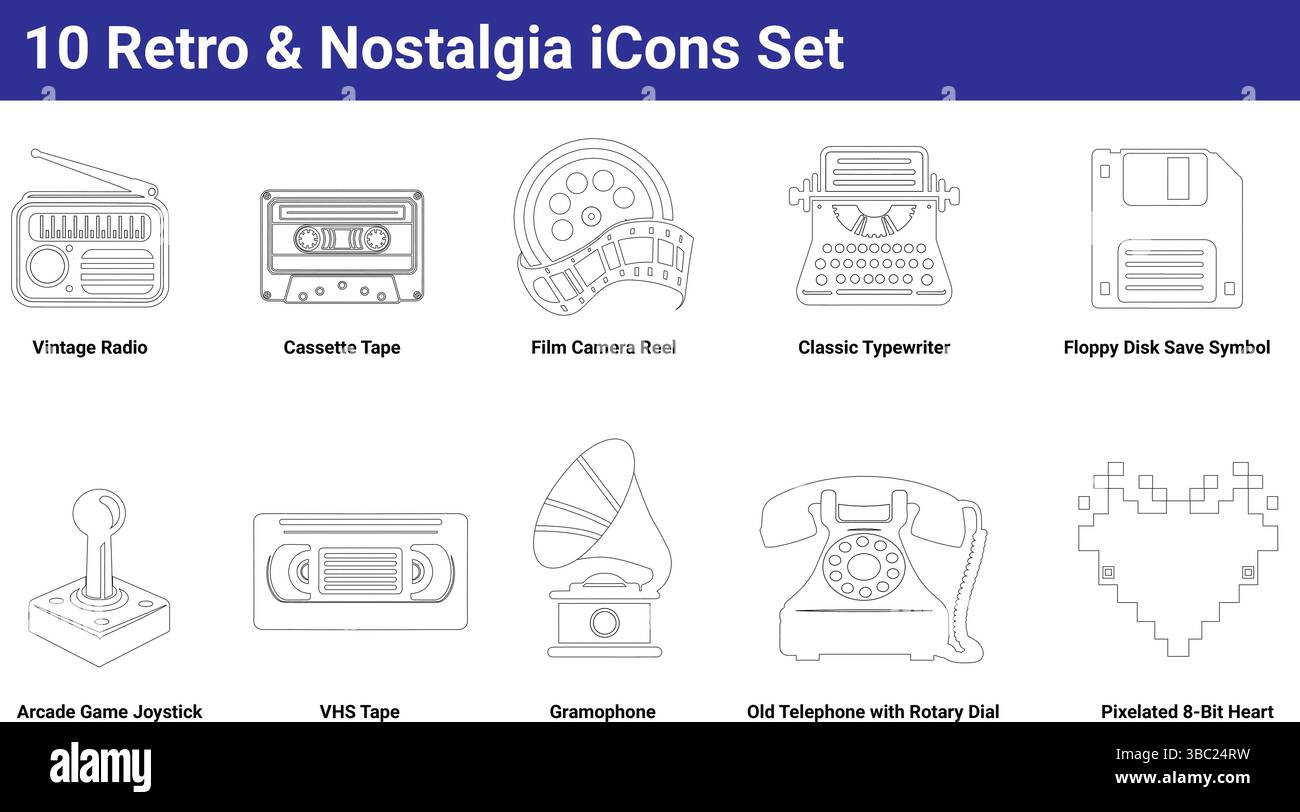 10 retro and nostalgia line icons set of vintage technology and media ...
