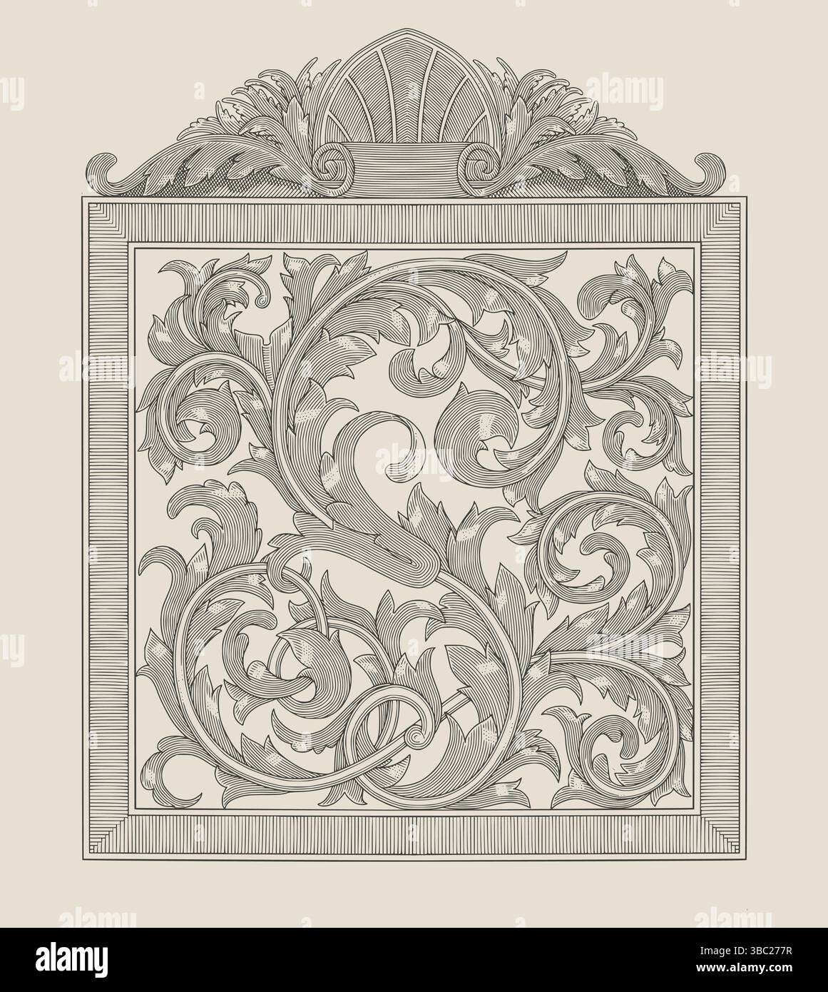 floral ornament with antique frame, Vintage engraving drawing style ...