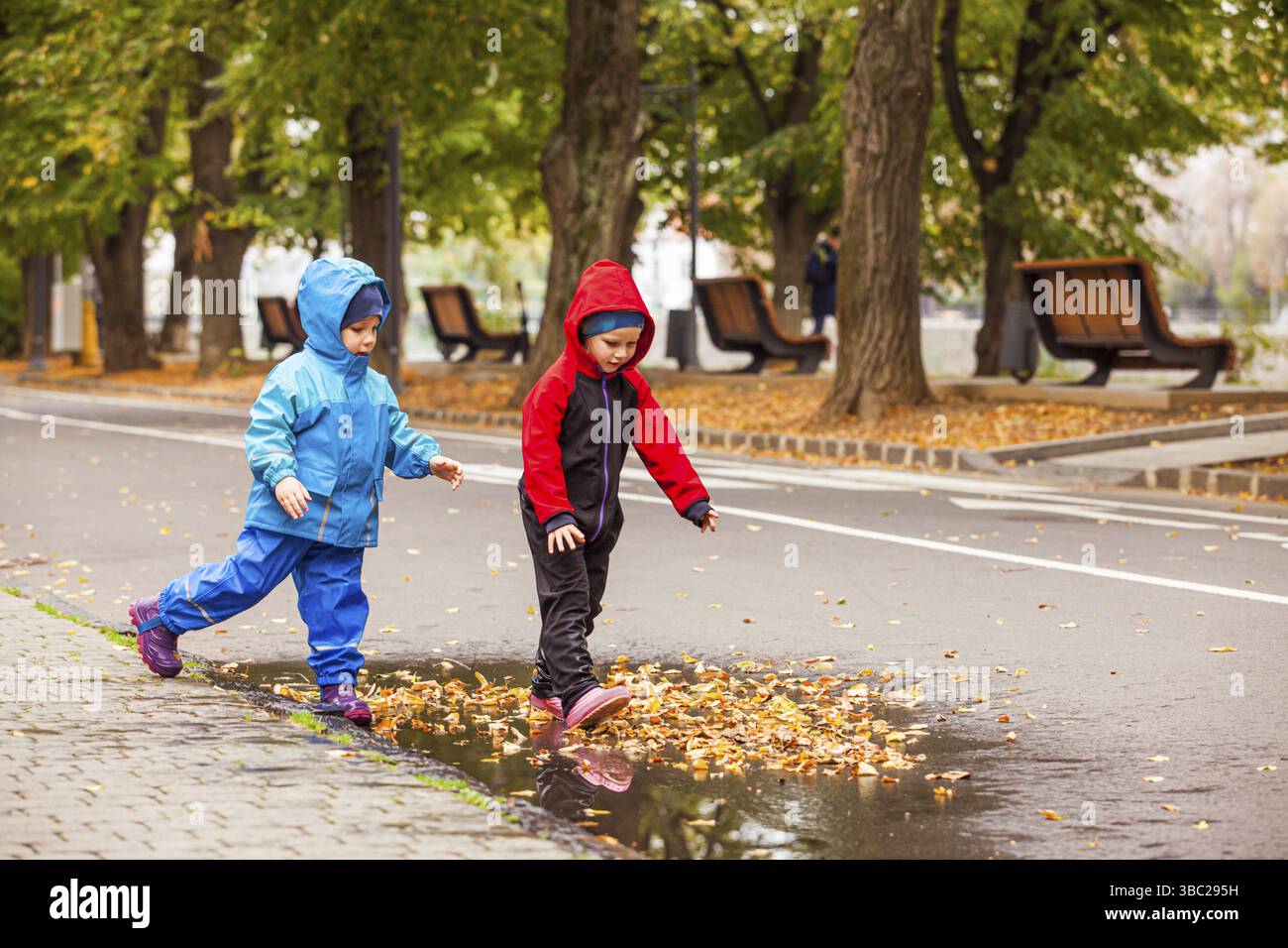 The cute little boy and girl are walking through the puddle with yellow ...