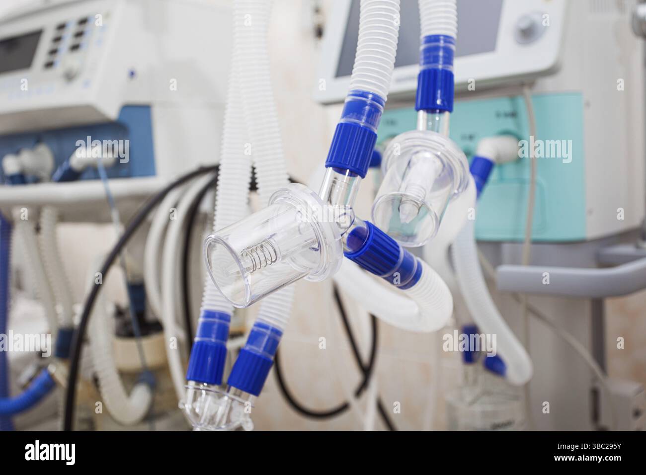 Closeup plastic tubes, parts of medical ventilating machine at ...