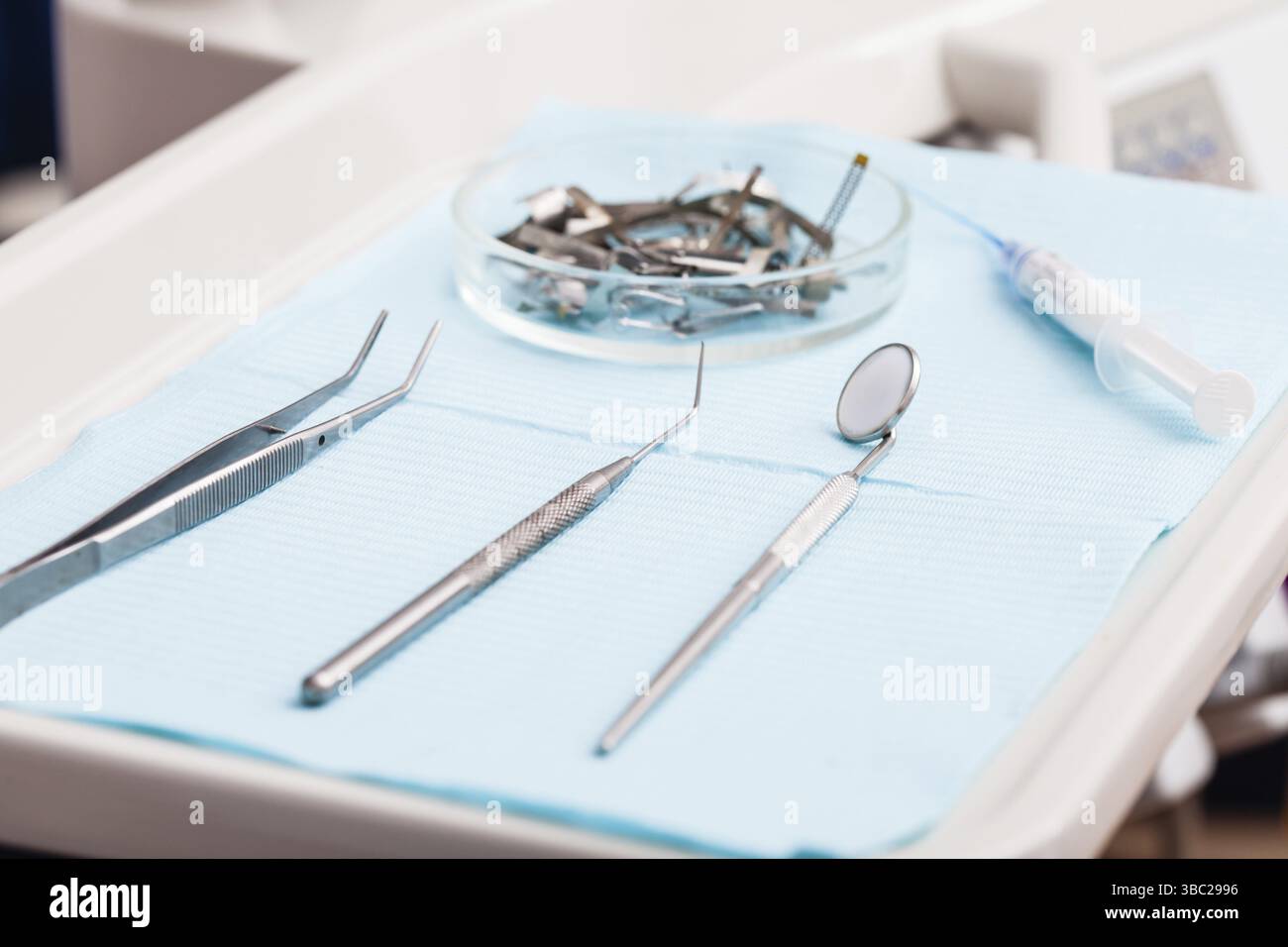 Dental instruments probe, tweezer, syringe and dental mirror for test ...