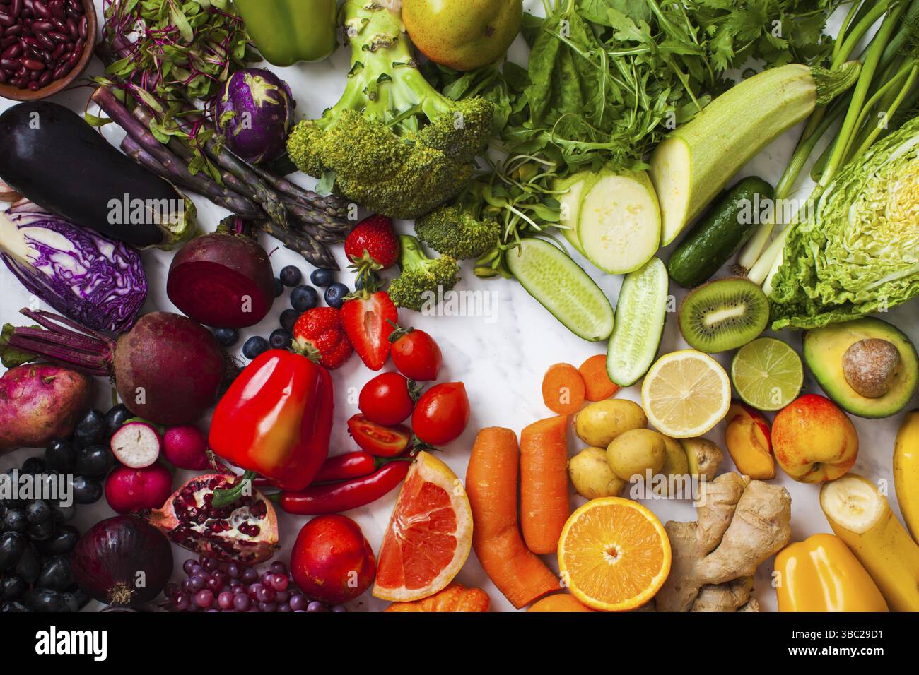 Vegetables, fruits and berries rainbow top view. Natural vitamins and ...