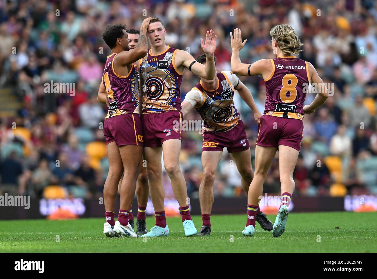 Brisbane, Australia. 18th May, 2025. Logan Morris (centre) of the Lions ...