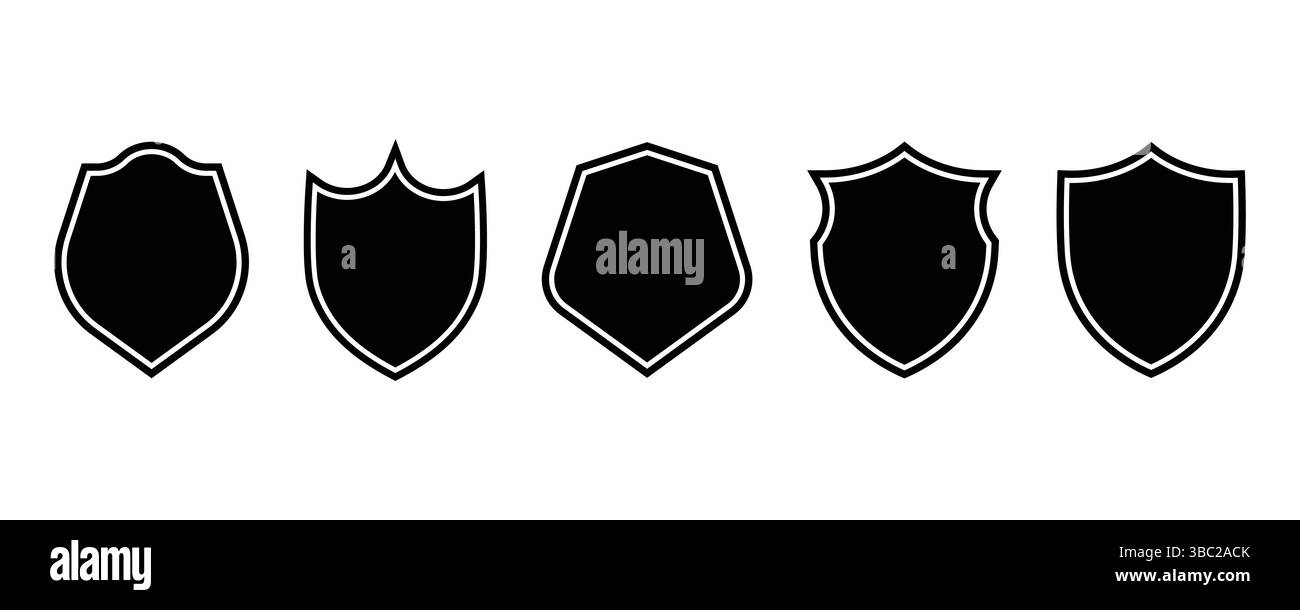 Black shield emblem vector icon set. Vintage badge silhouette collection for logo and label ...