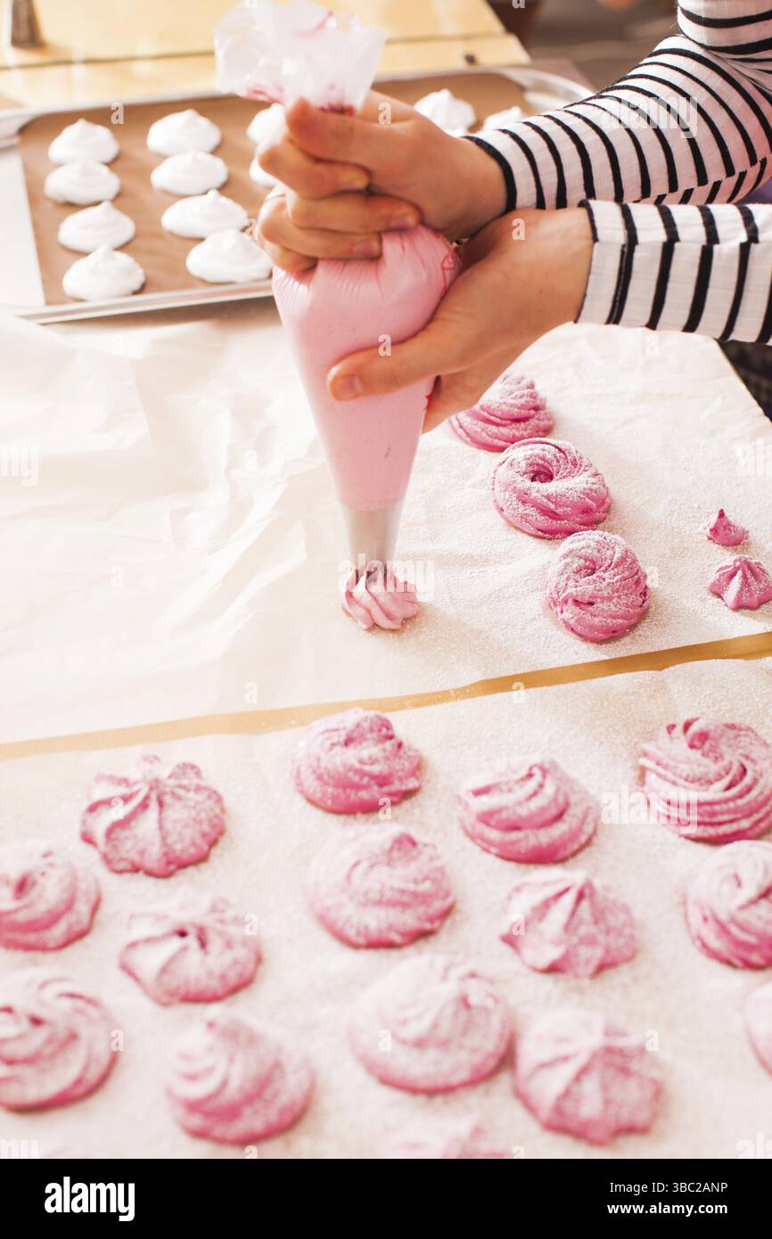 Cooking of fruit pink marshmallow - sweet zephyr Stock Photo - Alamy