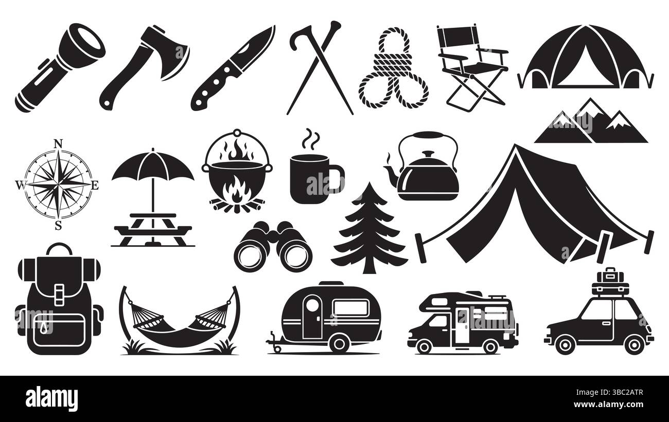 Camping hiking and outdoor adventure equipment silhouette icon set ...