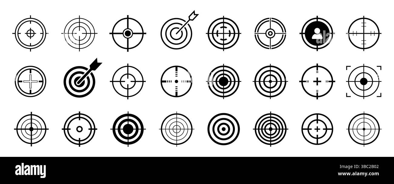 Target and aim icons set, Goal, bullseyes, crosshairs, and precision focus elements for archery ...