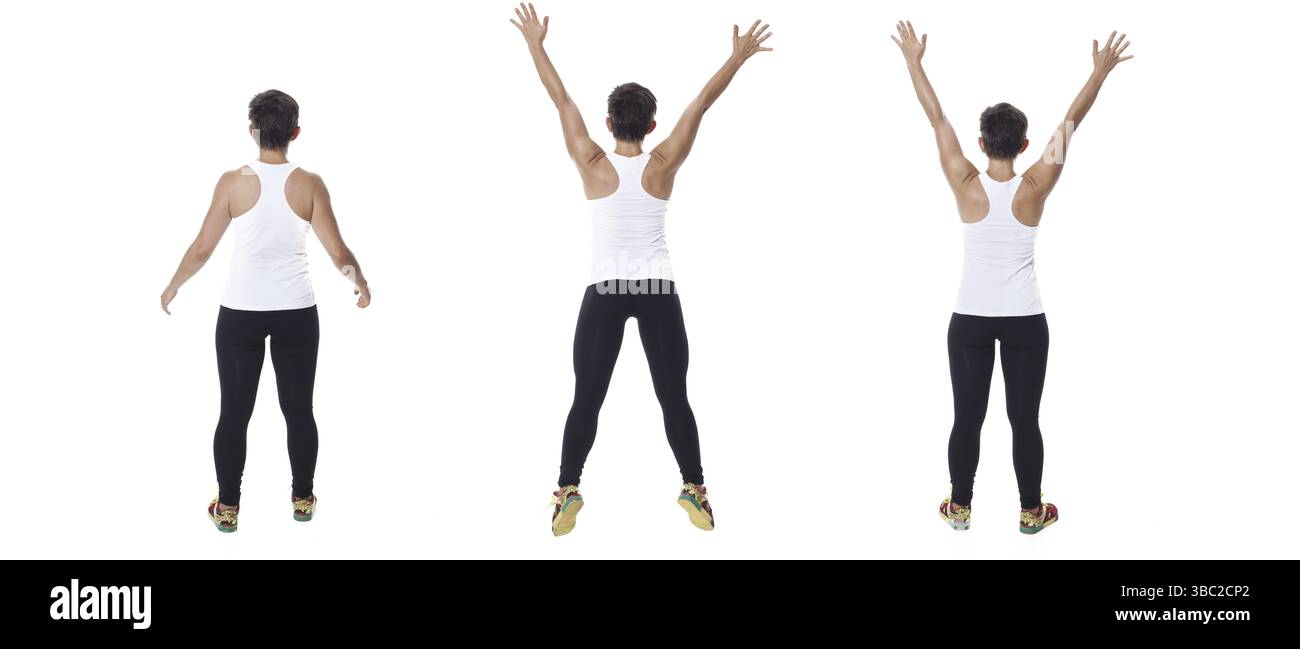 Woman in white t-short jump in studio. View from the back, three poses ...