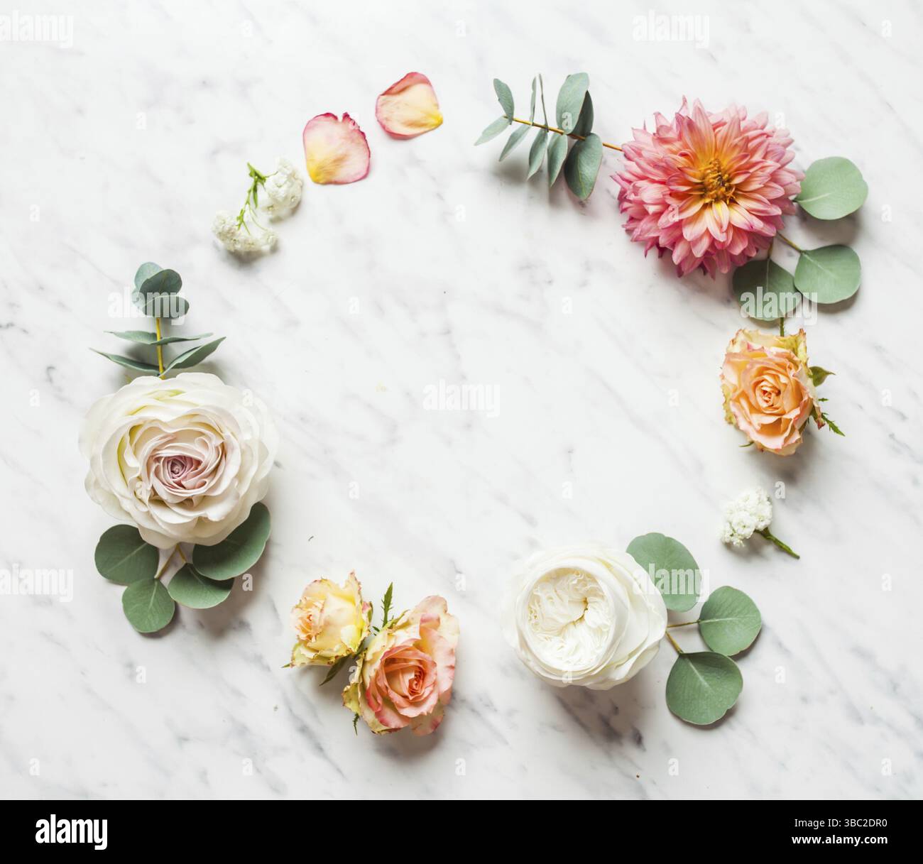 Wedding flowers top view on the marble background. Mockup for birthday ...