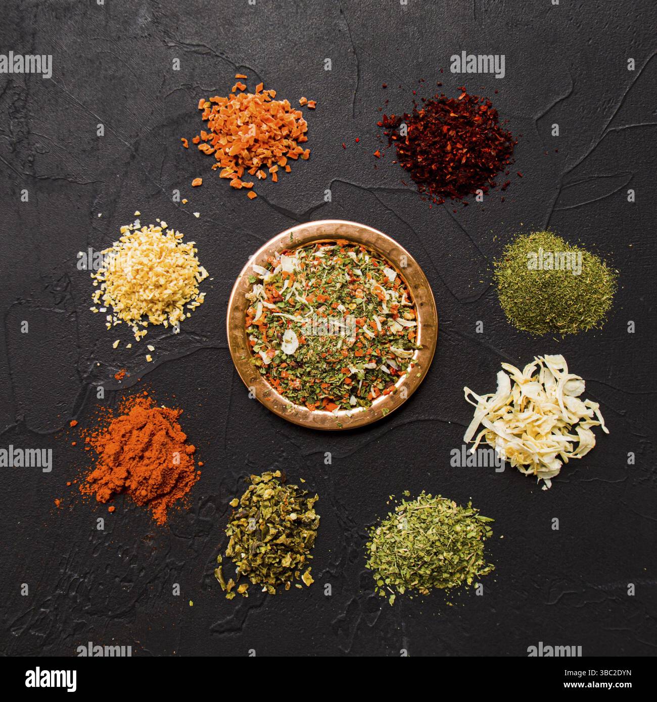 Top view variety of spices placed in cirlce in small piles and their ...