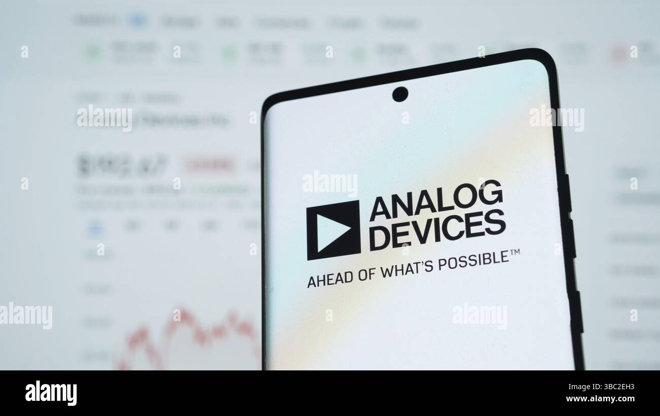 Mobile phone with logo of semiconductor company Analog Devices Inc ...