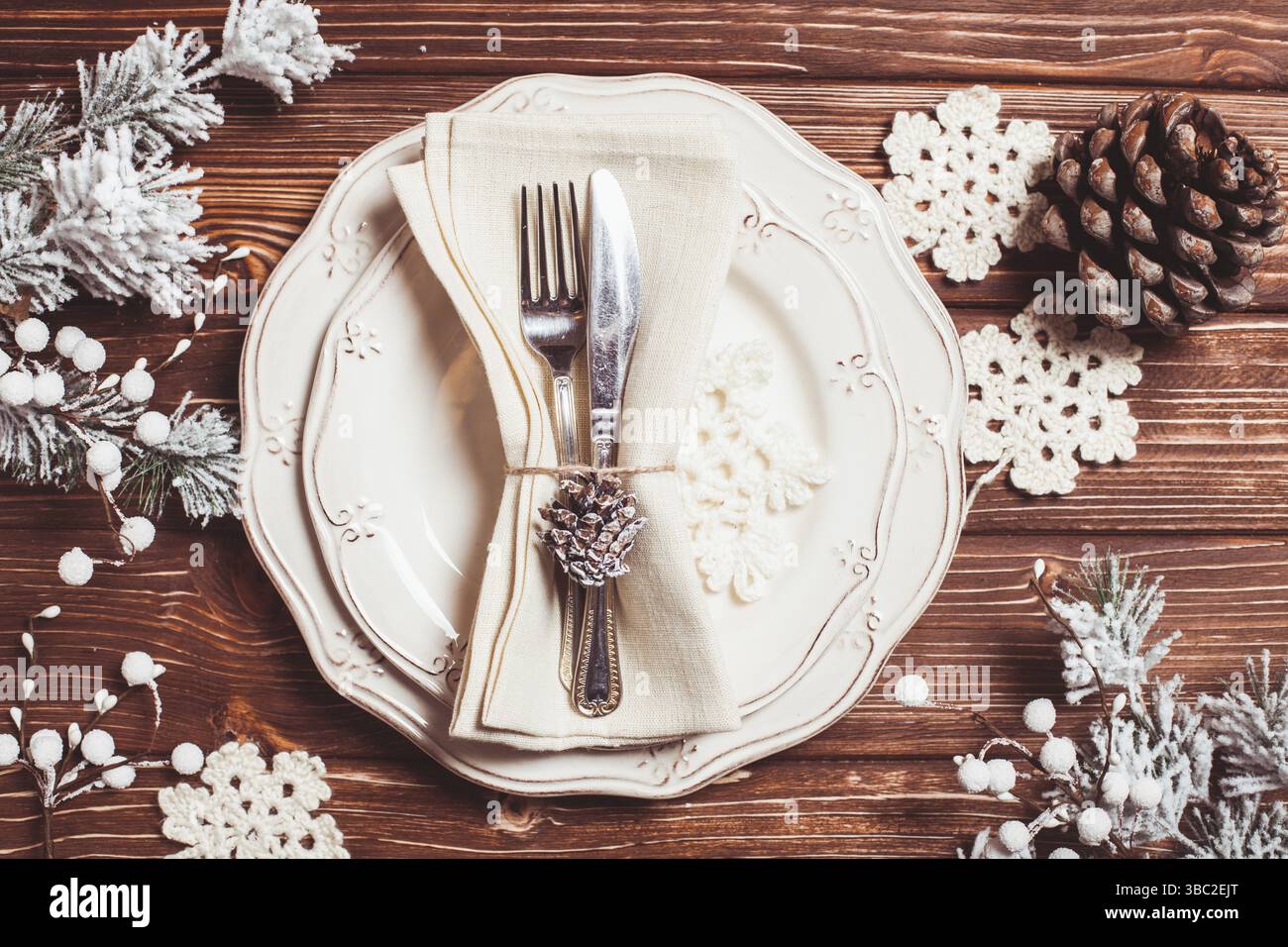 Christmas serving table in shabby chic style. Top view, crochet ...