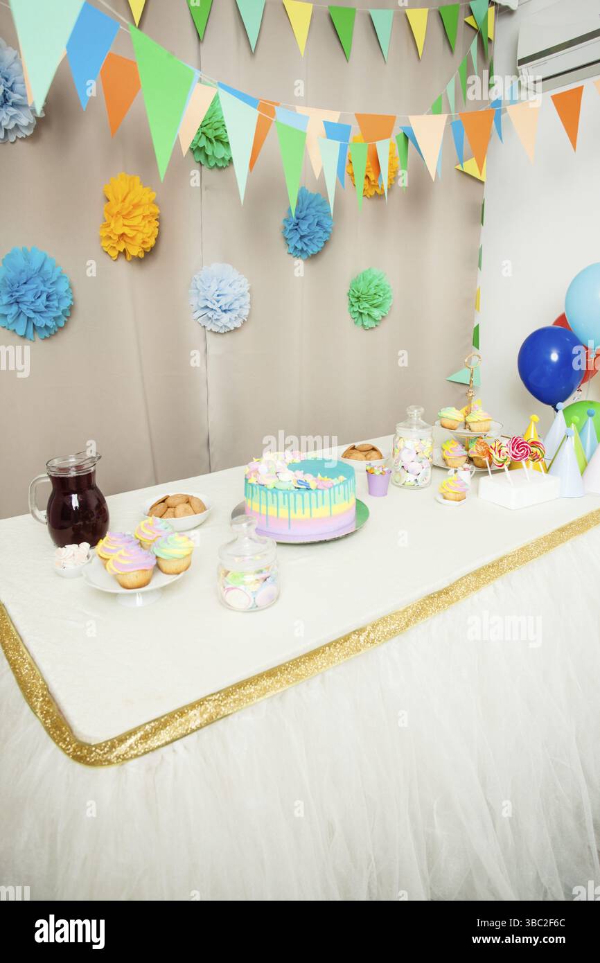 Decorated table in the room for Happy Birthday Party without people ...