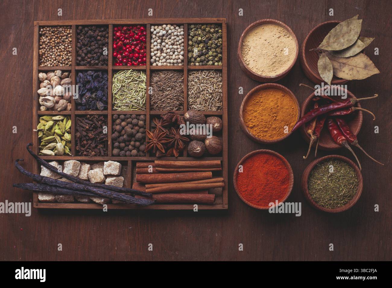 Different types of spices in wooden box Stock Photo - Alamy