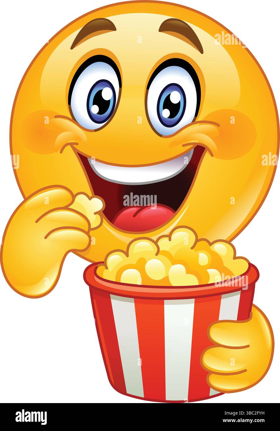 Happy emoji emoticon eating popcorn from a striped red and white bucket ...