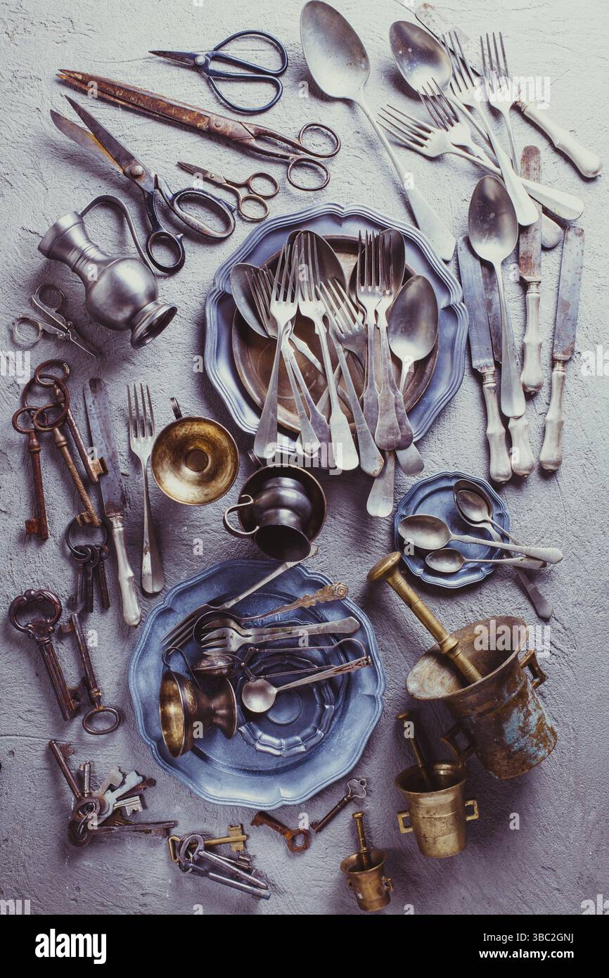 Rarity collectible goods - old cutlery, scissors, keys of different ...