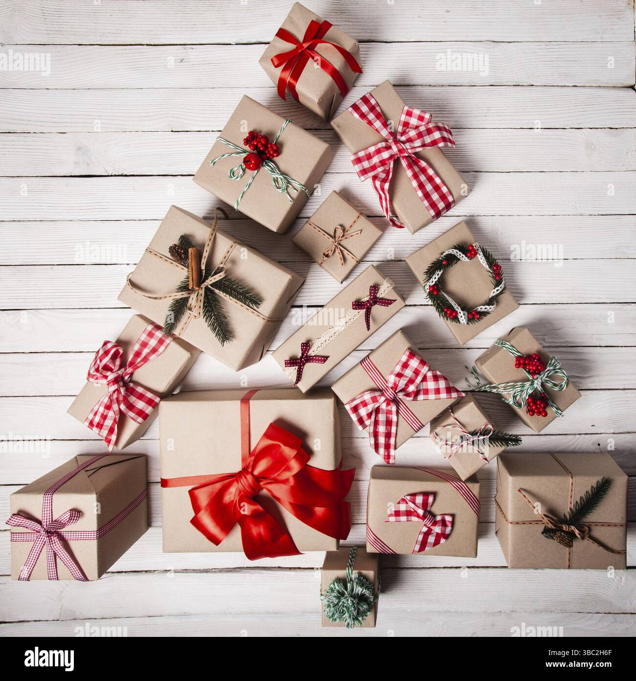 Christmas craft boxes decorated in vintage style, top view like ...