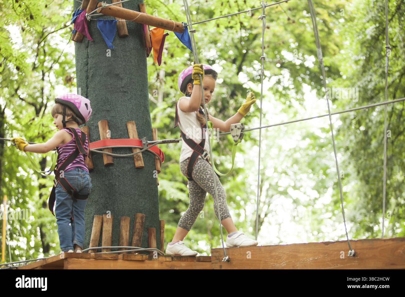 Kids on obstacle course in adventure park in mountain helmet and safety ...