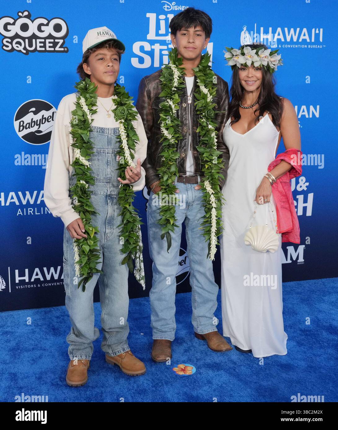 Los Angeles, USA. 14th Apr, 2025. (L-R) Zyah Rhythm, Nyjah Music and Tahiti Kemper Hernandez ...