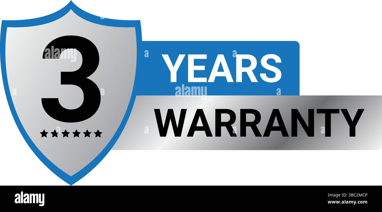Blue and silver 3 years warranty label with stars on shield icon used ...