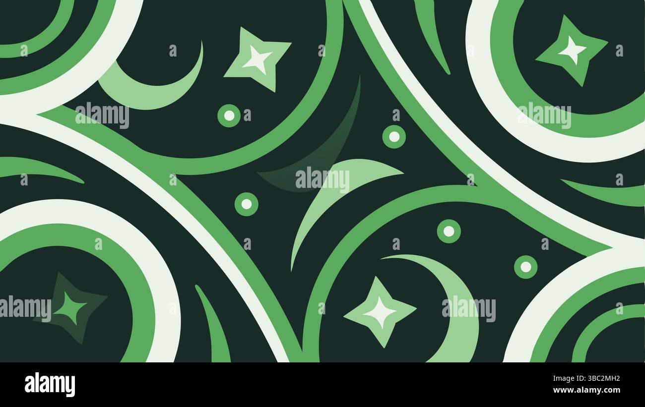 Abstract green pattern background with stars circles and swirls design ...