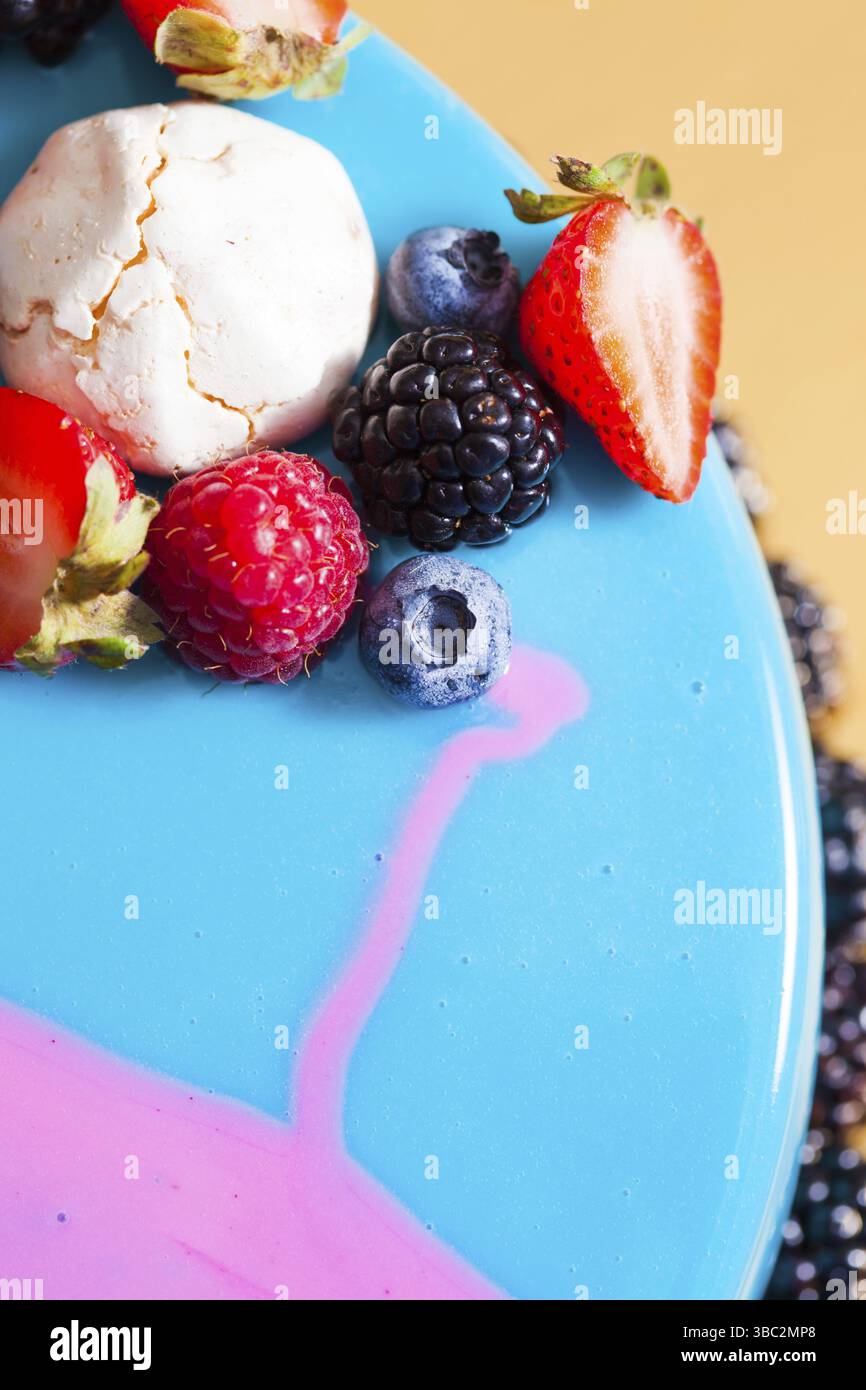 Process of decorating cake with mirror glaze. Modern desserts Stock ...