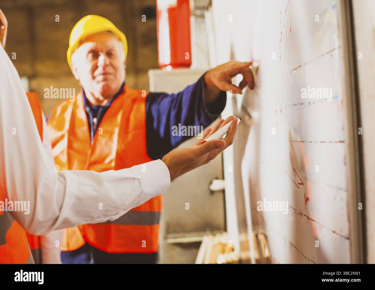 The group of engineers in work clothes are standing next by the flip ...