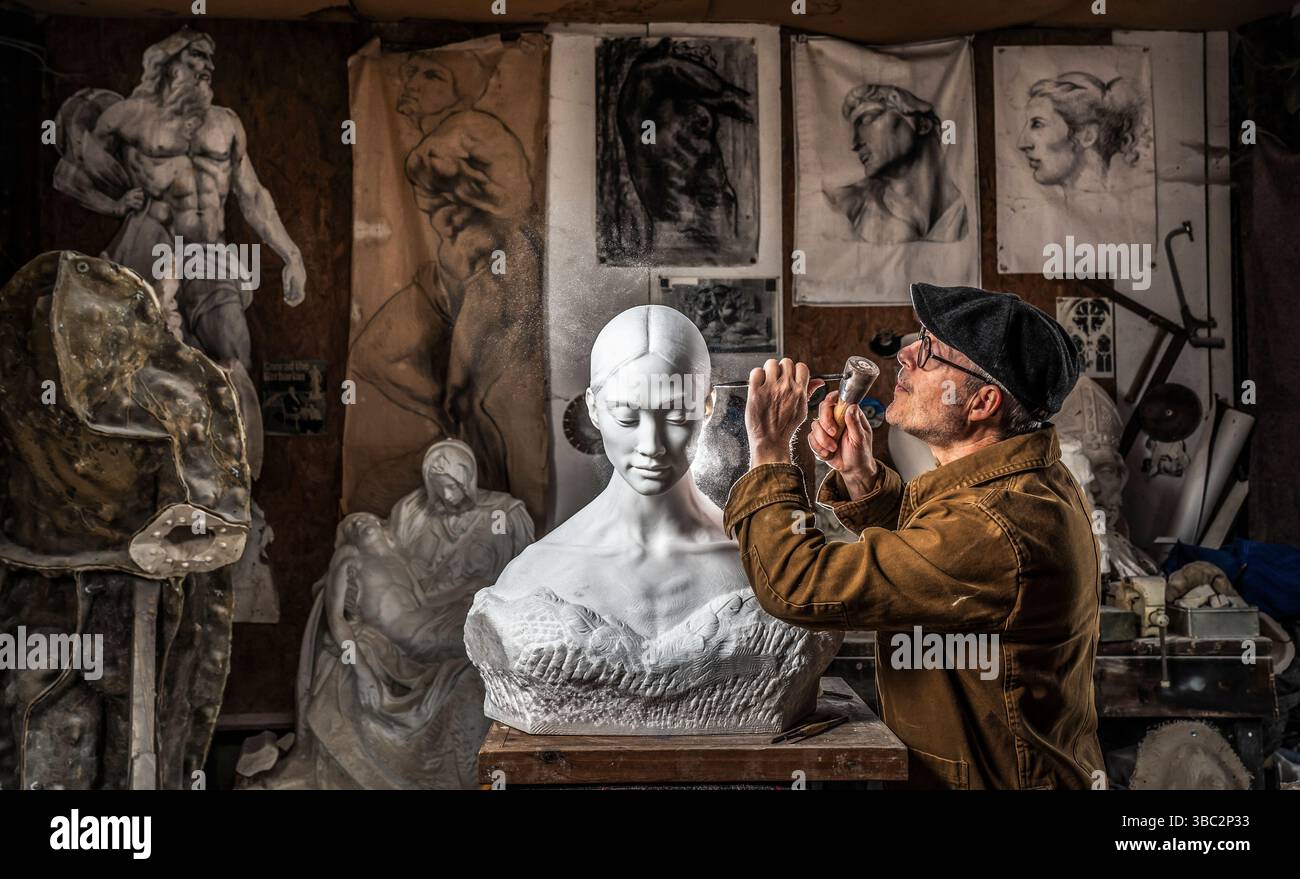 Award-winning figurative sculptor Andrian Melka works on a marble ...