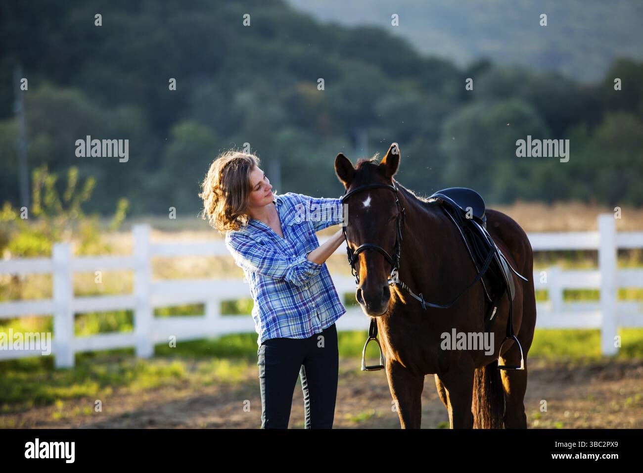 Beautiful girl leading her brown horse at the farm Stock Photo - Alamy
