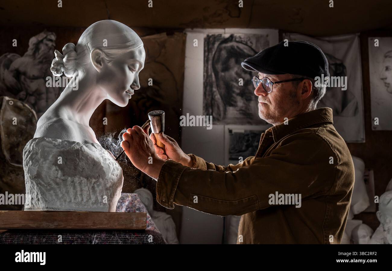 Award-winning figurative sculptor Andrian Melka works on a marble ...