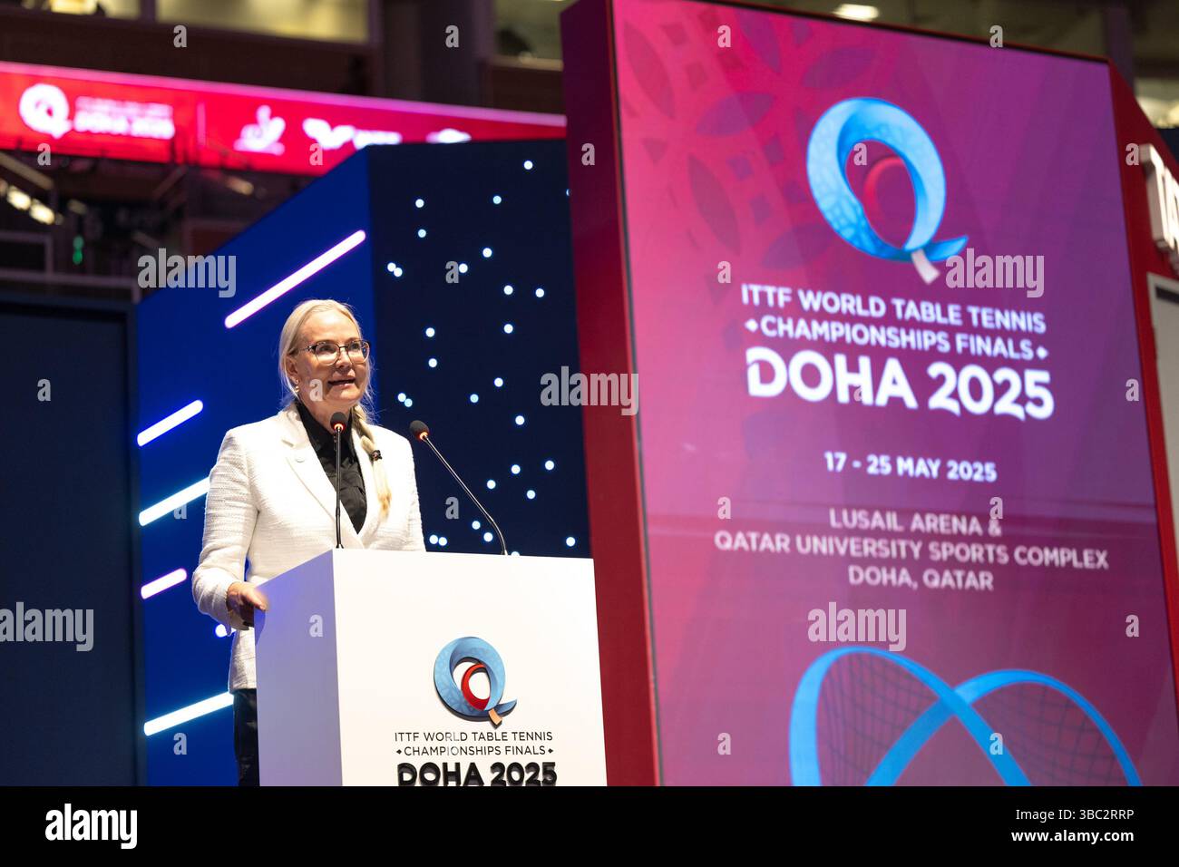 Doha, Qatar. 17th May, 2025. ITTF president Petra Sorling addresses during the opening ceremony ...