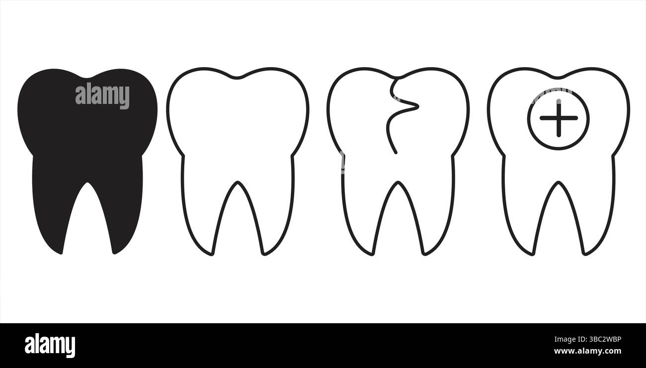 Vector Illustration Set of Four Tooth Icons Showing Healthy, Outline ...