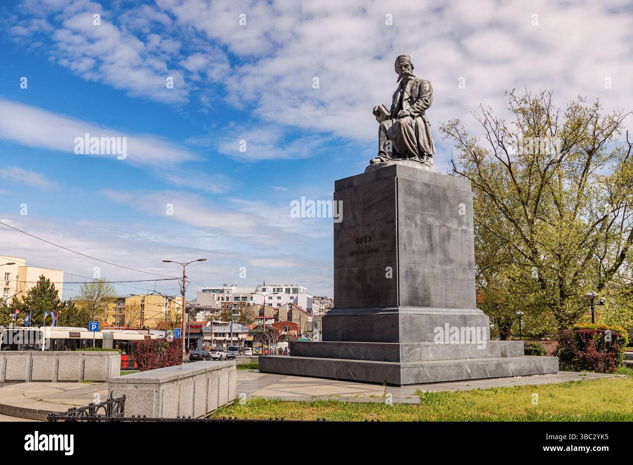 04 April 2024, Belgrade, Serbia: A sitting statue of Vuk Karadzic ...