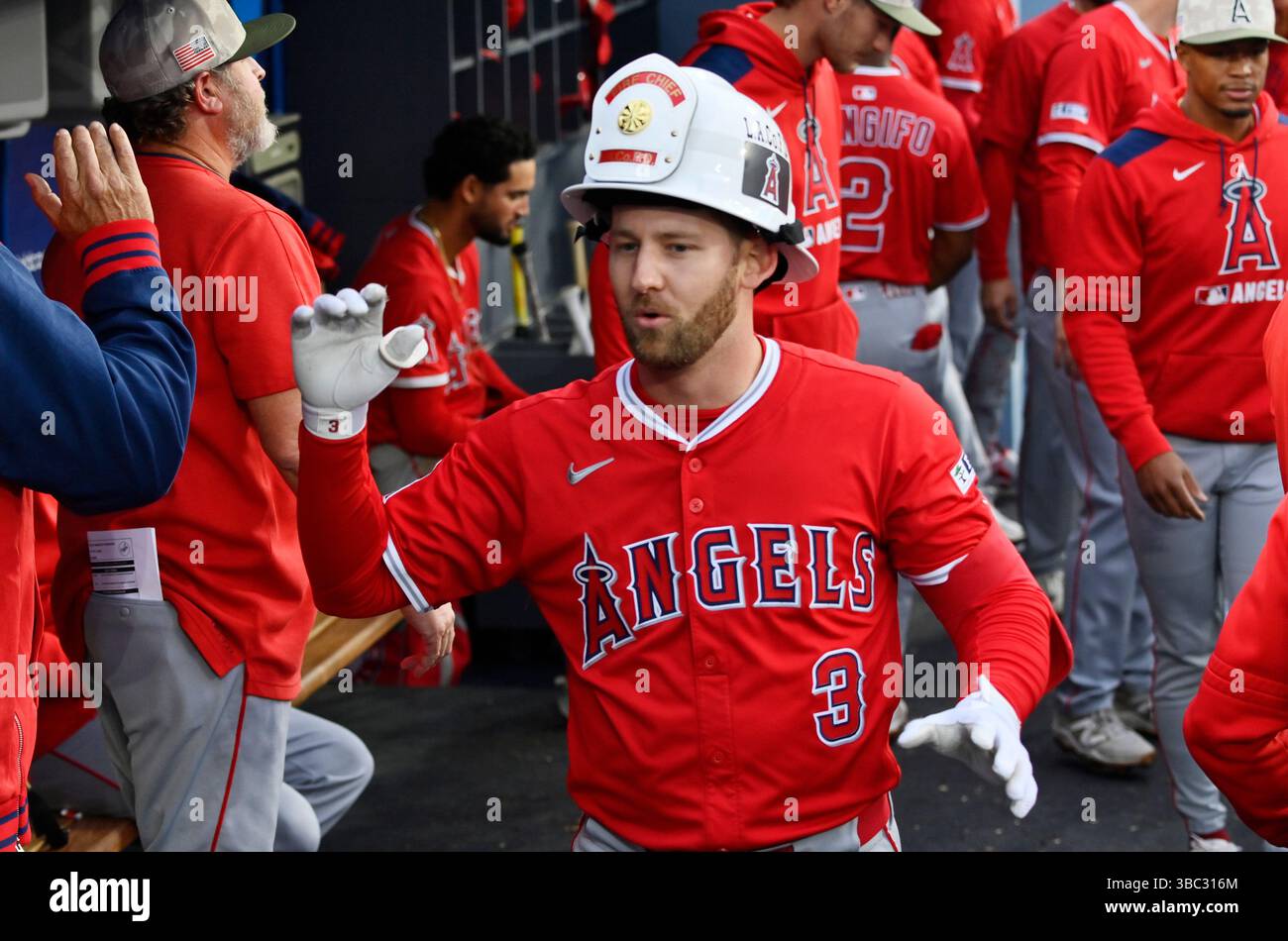 Los Angeles Angels left fielder Taylor Ward (3) celebrates with ...