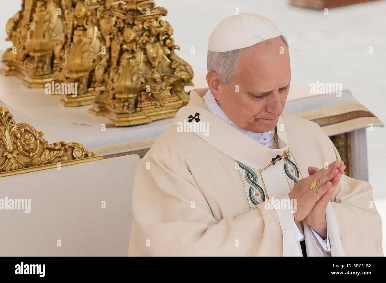 Pope Leo XIV wears the fisherman's ring, a symbol of the papacy, during ...