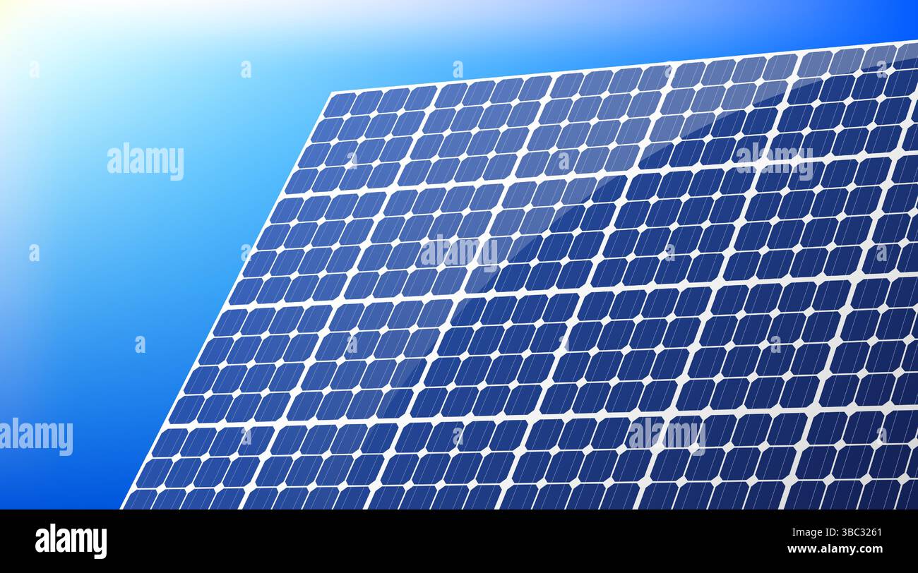 Large solar panel reflecting sunlight against blue sky, representing ...