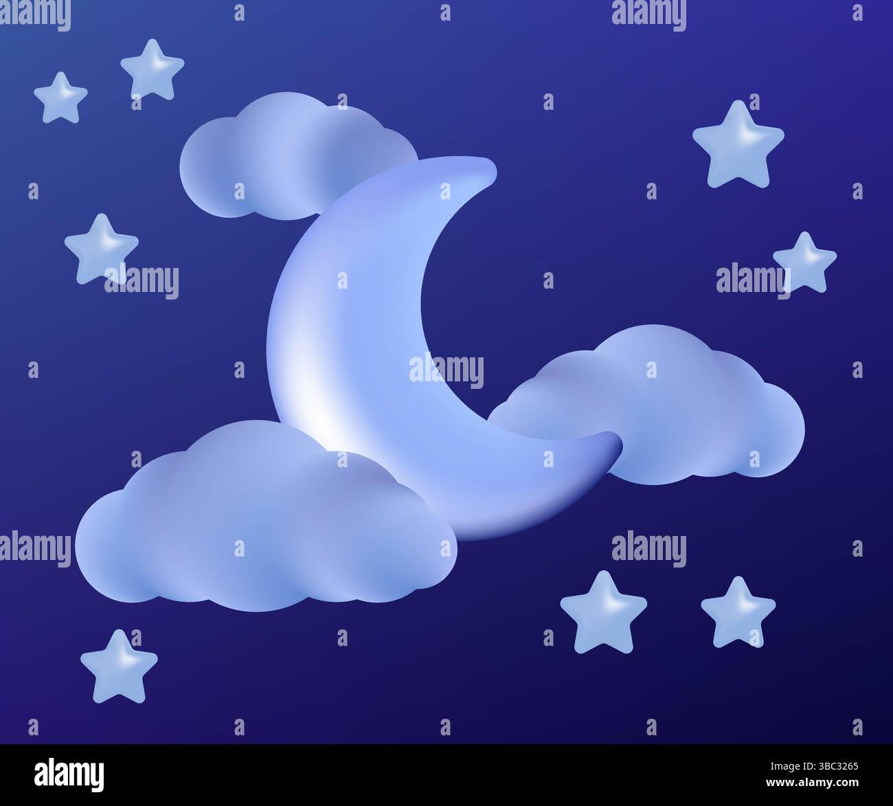 Soft, rounded clouds drift across a deep blue night sky, illuminated by ...